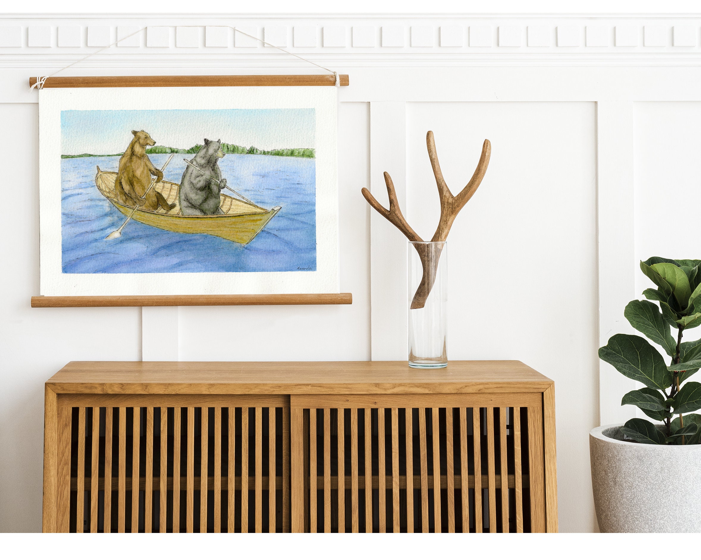 Cute Brown Bear and Black Bear Rowing Boat Watercolor Digital Print ...