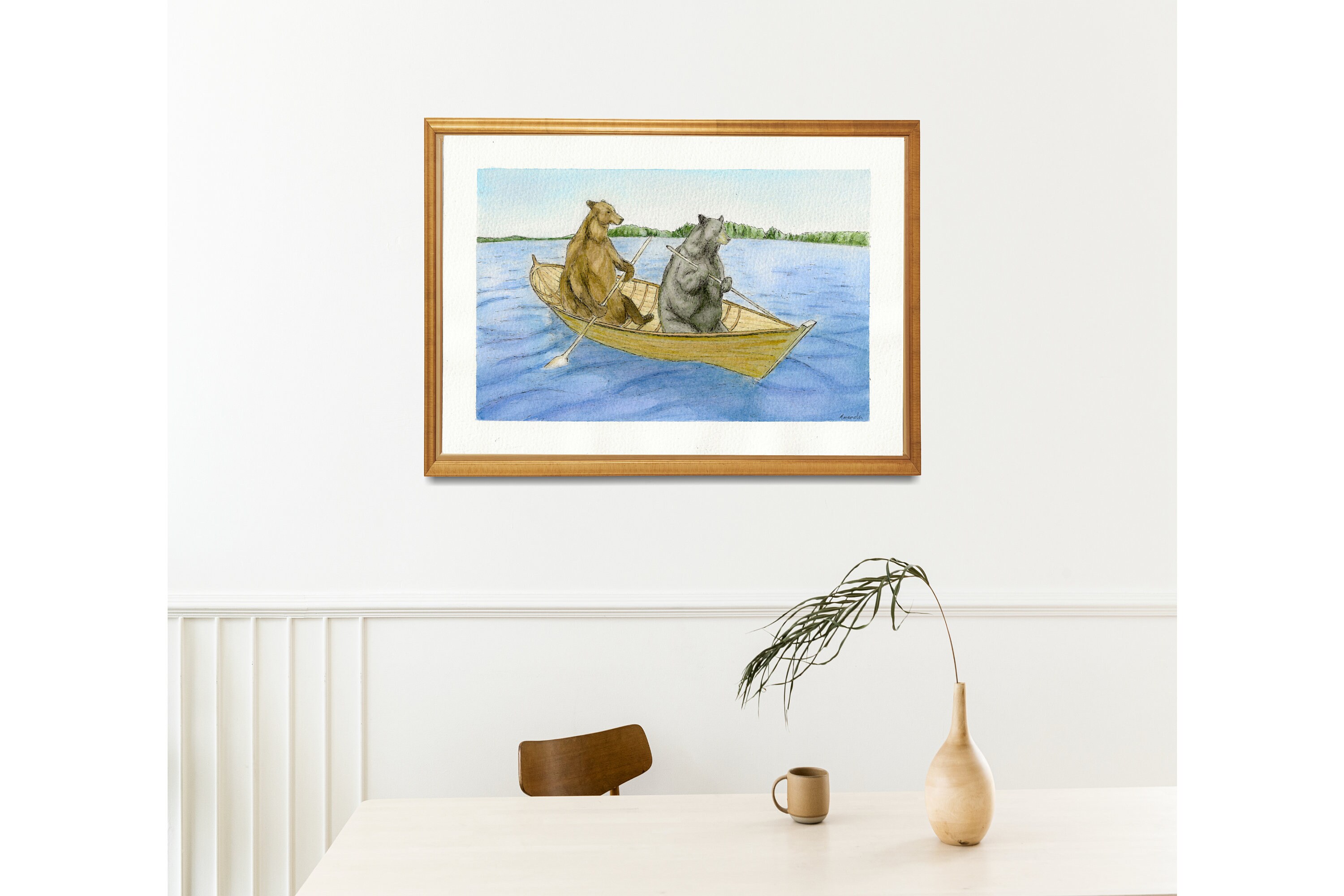 Cute Brown Bear and Black Bear Rowing Boat Watercolor Digital Print ...