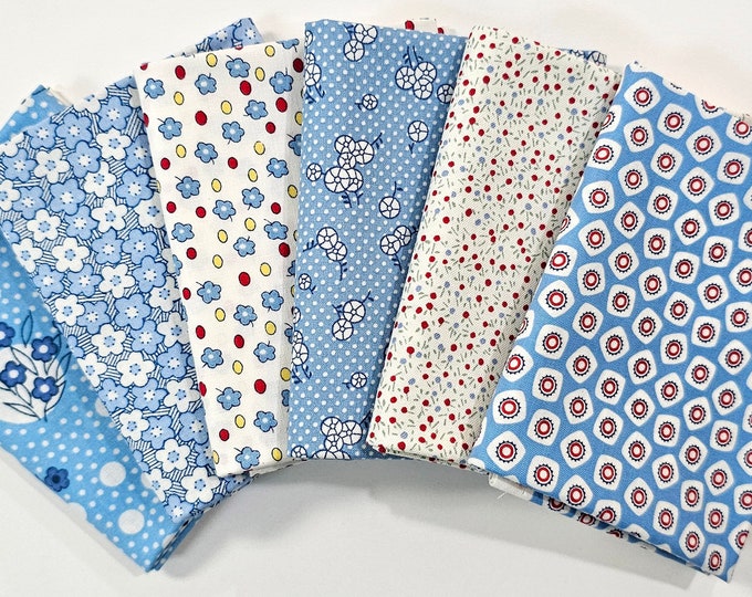 1930s Bundle of 6 Blue With Bits of Red Fat Quarters by Nancy Mahoney ...