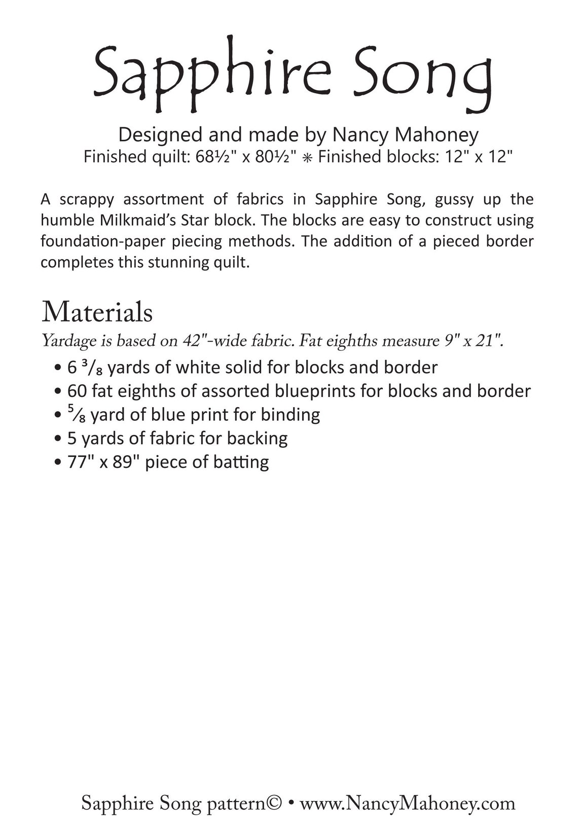 Sapphire Song Quilt Pattern paper Copy - Etsy