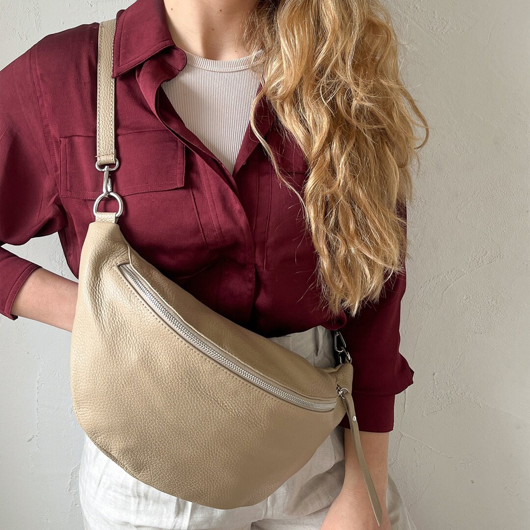 Beige Leather Fanny Pack for Women, Leather Belt + Patterned ...