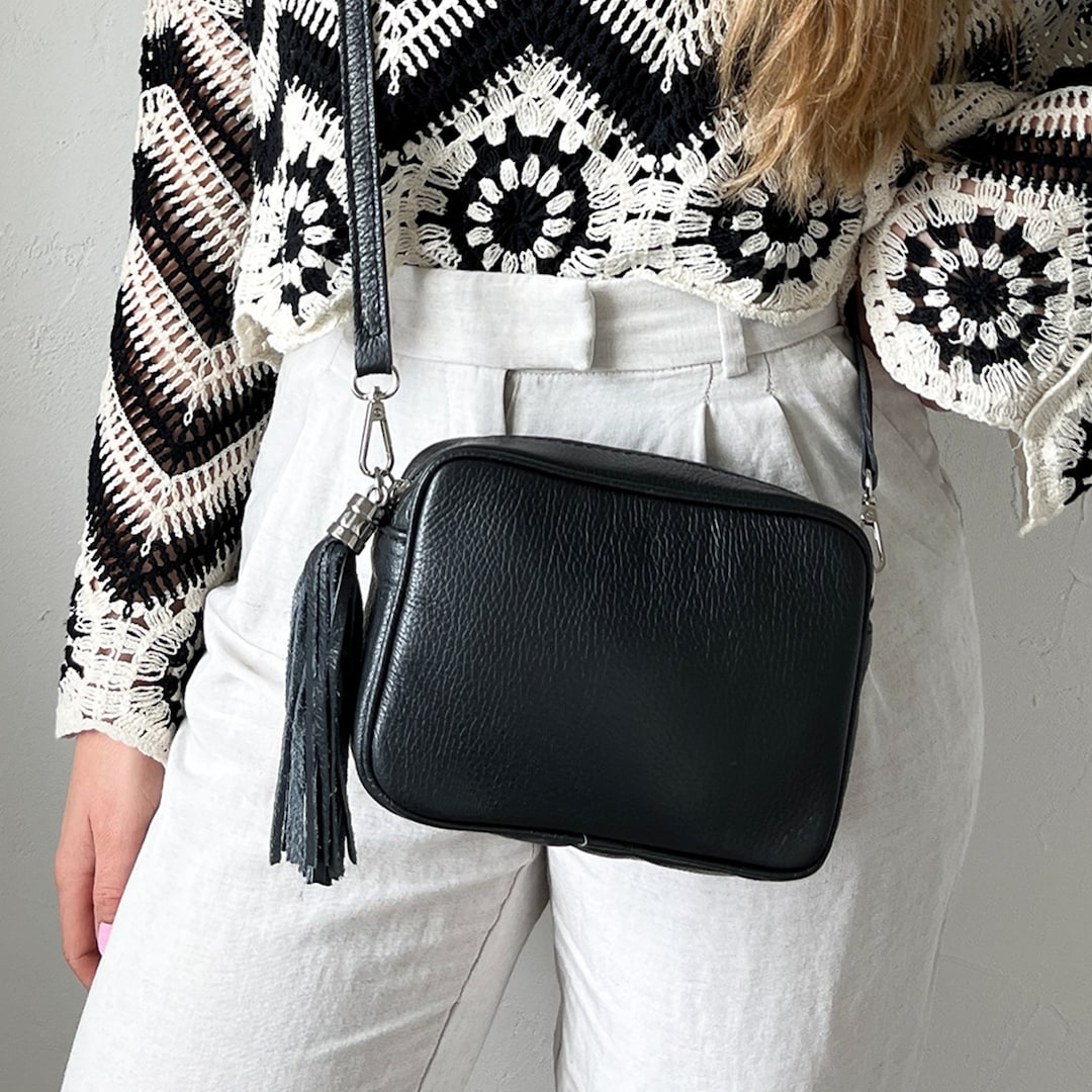 Leather Handbag in Black, Small Shoulder Bag With Patterned ...