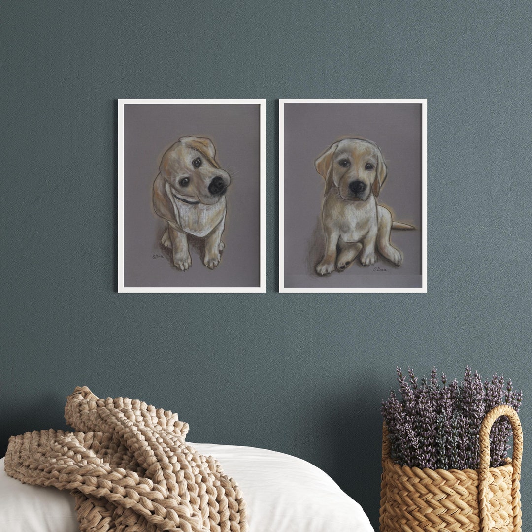 Set of Two Puppy Art Prints Unframed Yellow Lab Drawing Wall Art - Etsy