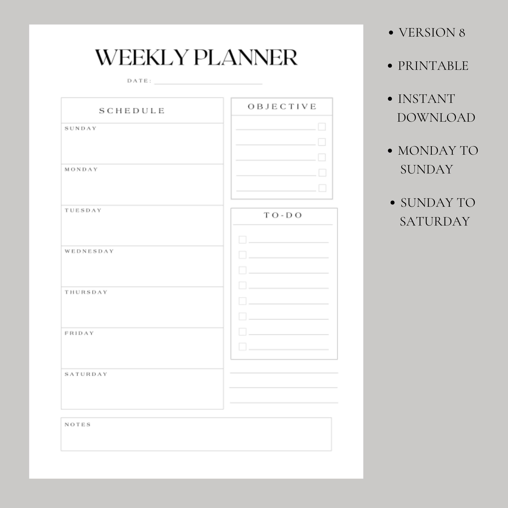 Weekly Planner Printable Simple Weekly to Do List Minimal - Etsy