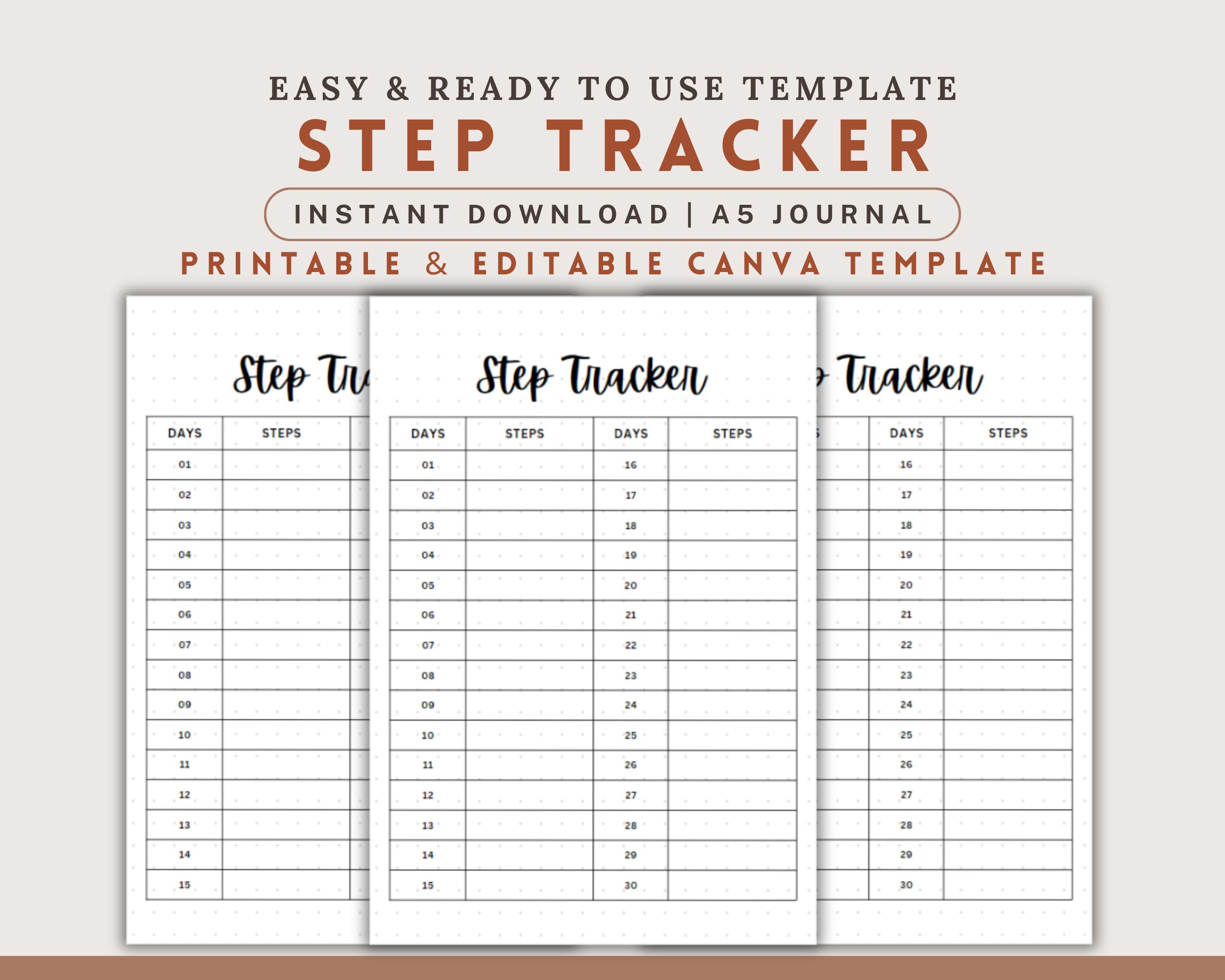 Step Tracker Printable A5 Journal Page Monthly Step Tracker Fitness and ...