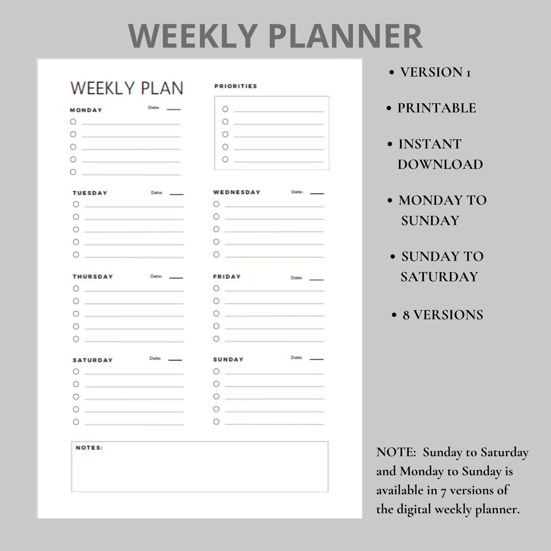 Weekly Planner Printable Simple Weekly to Do List Minimal - Etsy