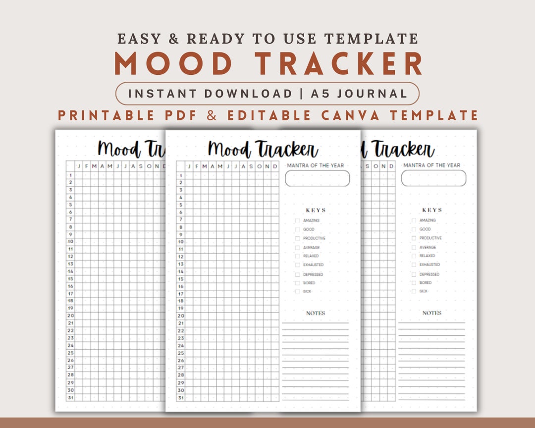 Mood Tracker Printable A5 Journal Page Mental Health Journal Yearly ...