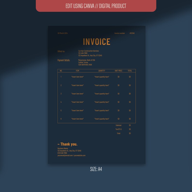 Editable Invoice Template Canva Form Template Service Invoice Template ...