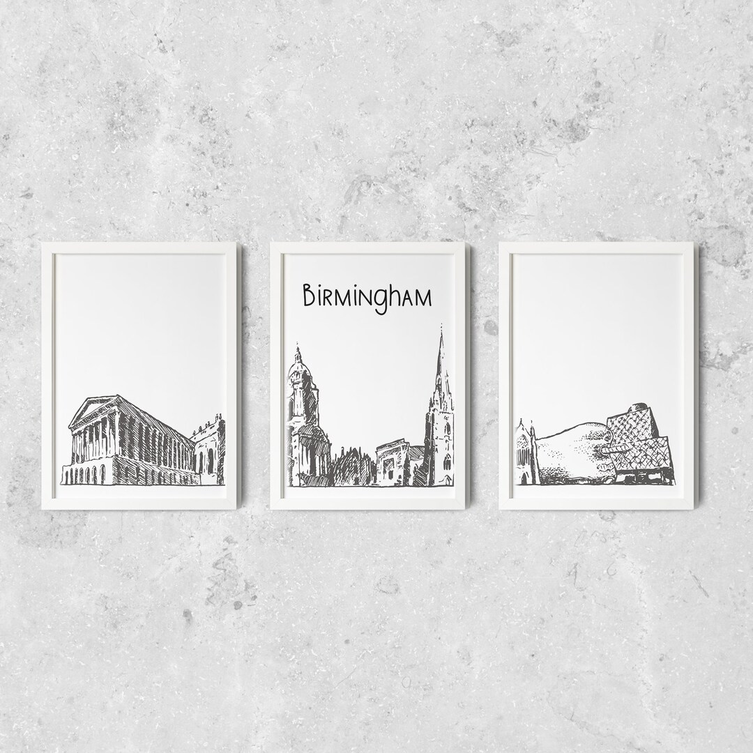 Birmingham Skyline Trio Prints Sketched Art Drawing, Birmingham ...