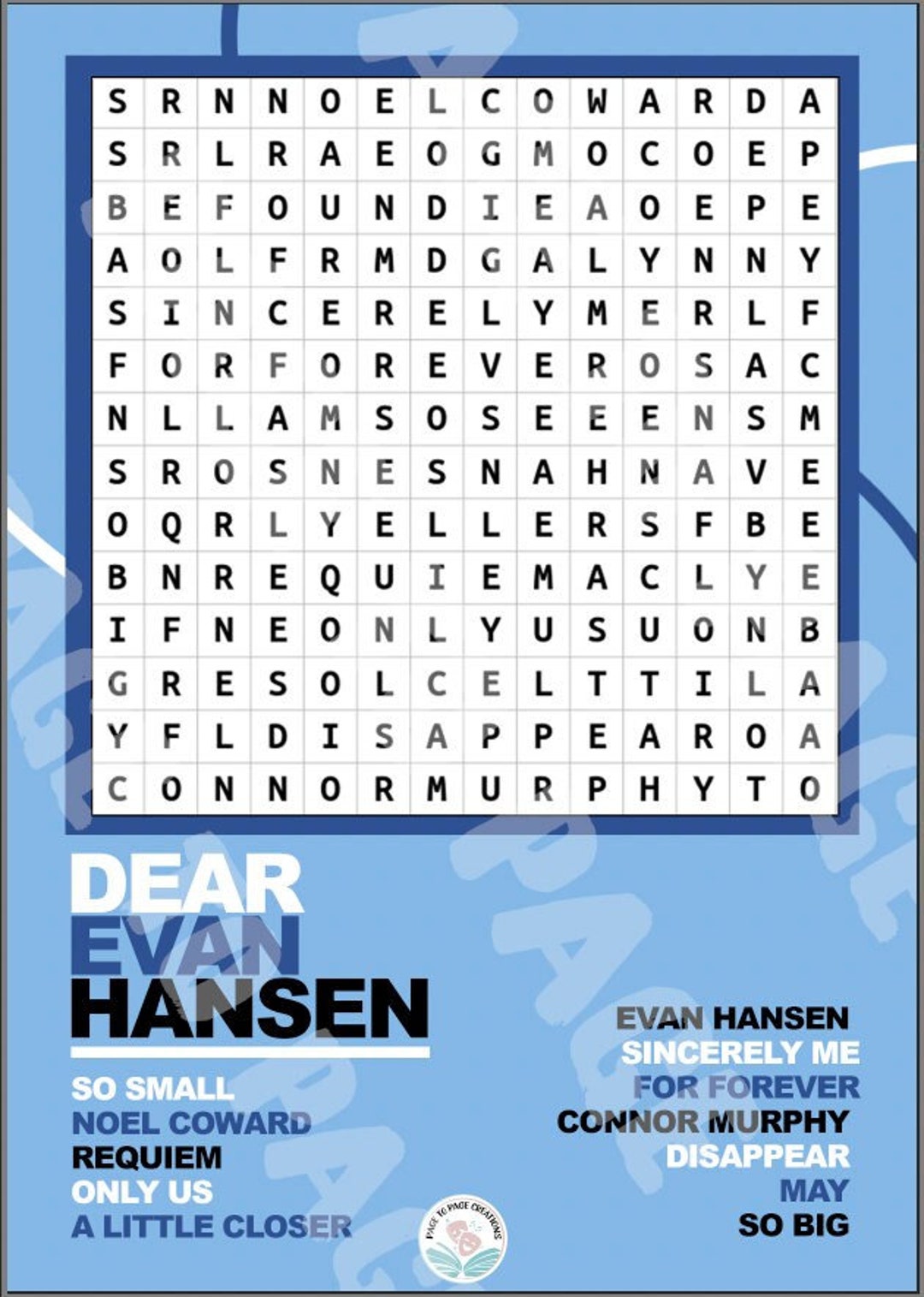 Dear Evan Hansen Digital - A4 Word Search Print - Etsy