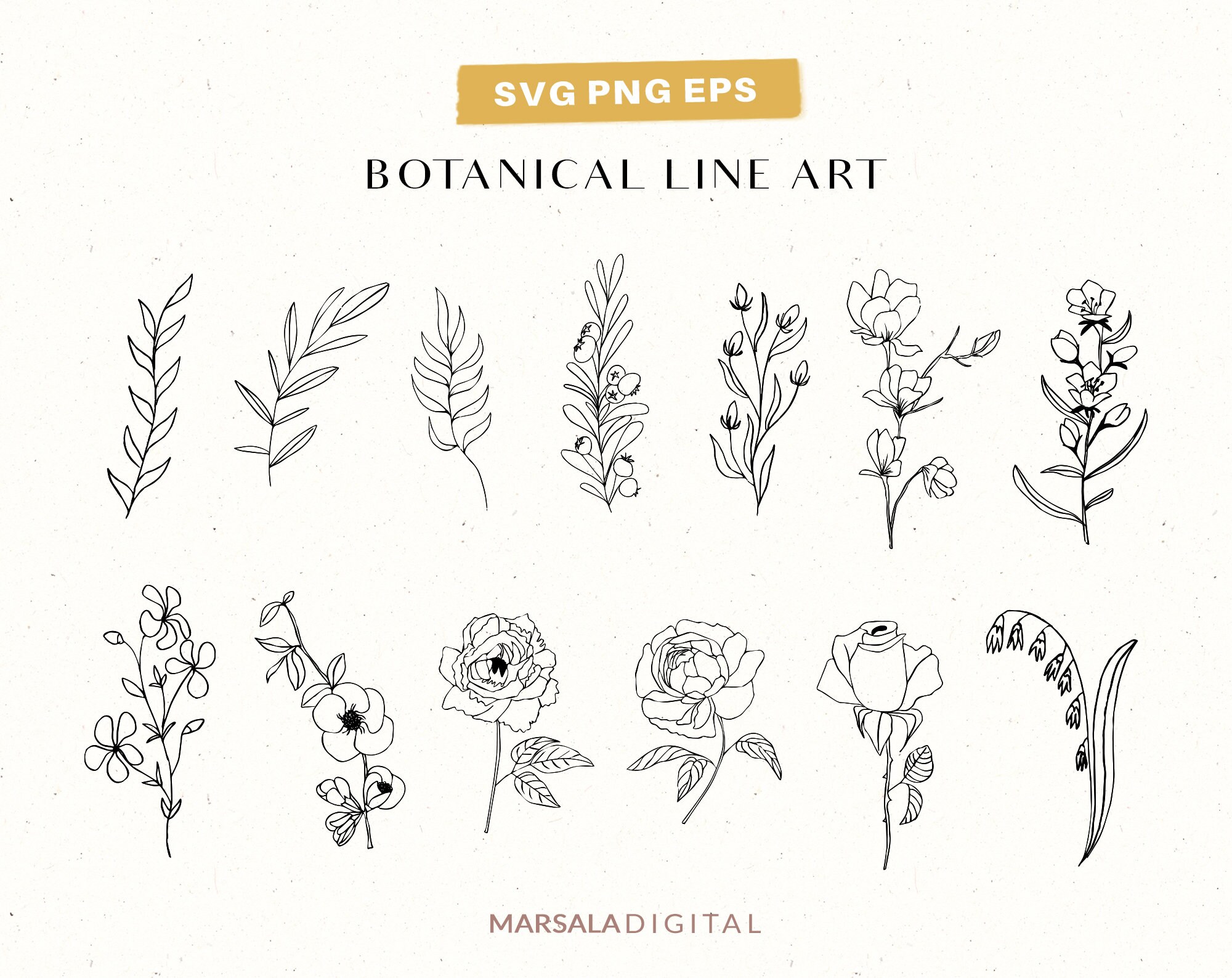 Floral SVG Bundle Line Art Flowers SVG Fine Art Botanical | Etsy