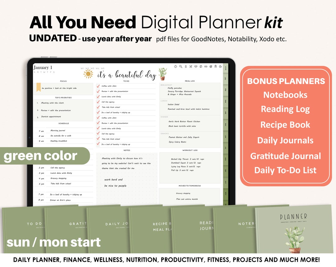 Green Digital Planner, Undated, for Goodnotes (PDF) - Etsy