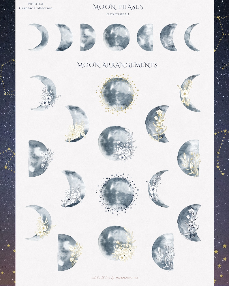 Watercolor Zodiac Clipart, Moon Phases, Celestial Graphics (PNG EPS AI ...