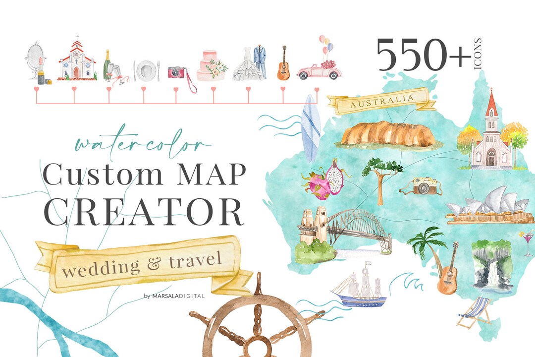 Watercolor Map Creator, Wedding Map Creator, Map Icons, Travel, Planner ...