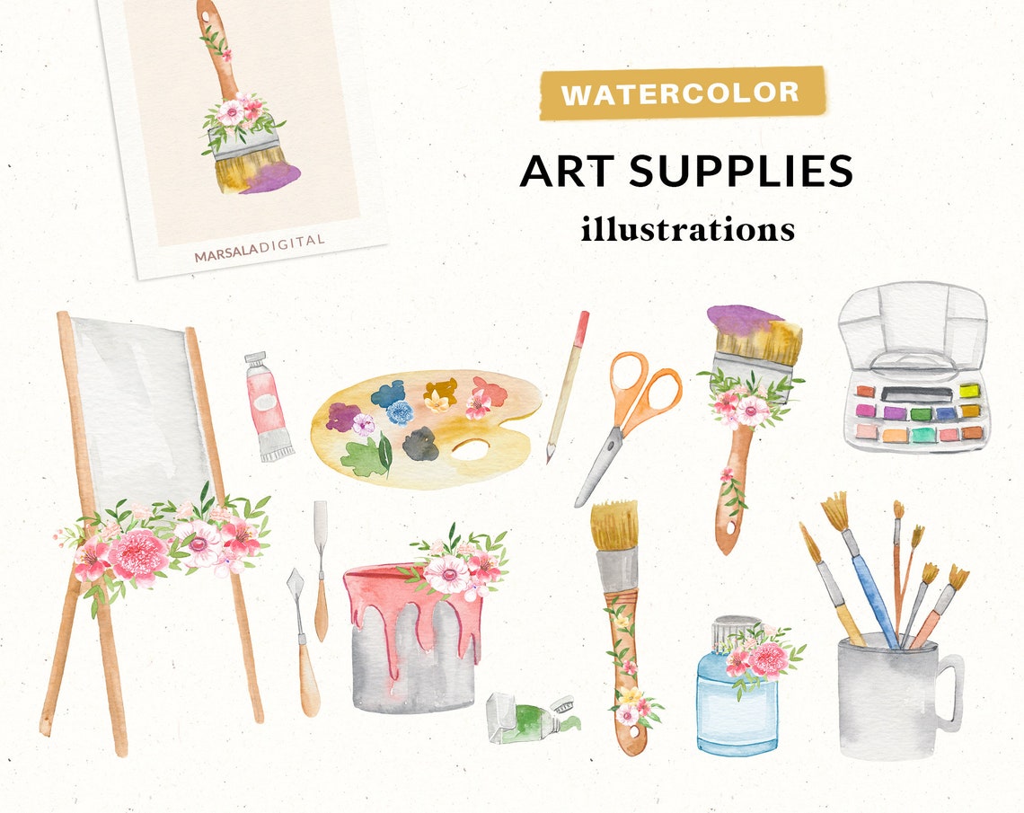Watercolor Art Supplies Cliparts Stationery Painting - Etsy