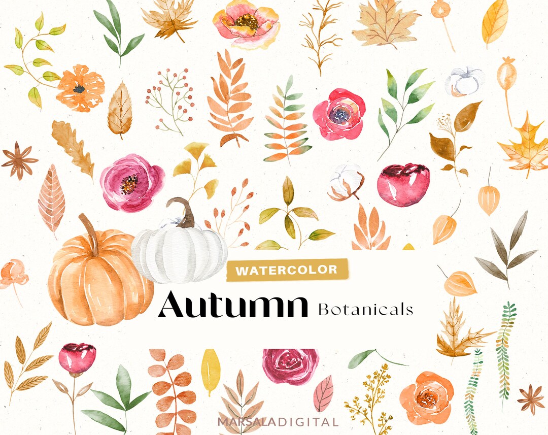 Autumn Watercolor Floral Clipart, Autumn Flowers Leaves Clipart ...