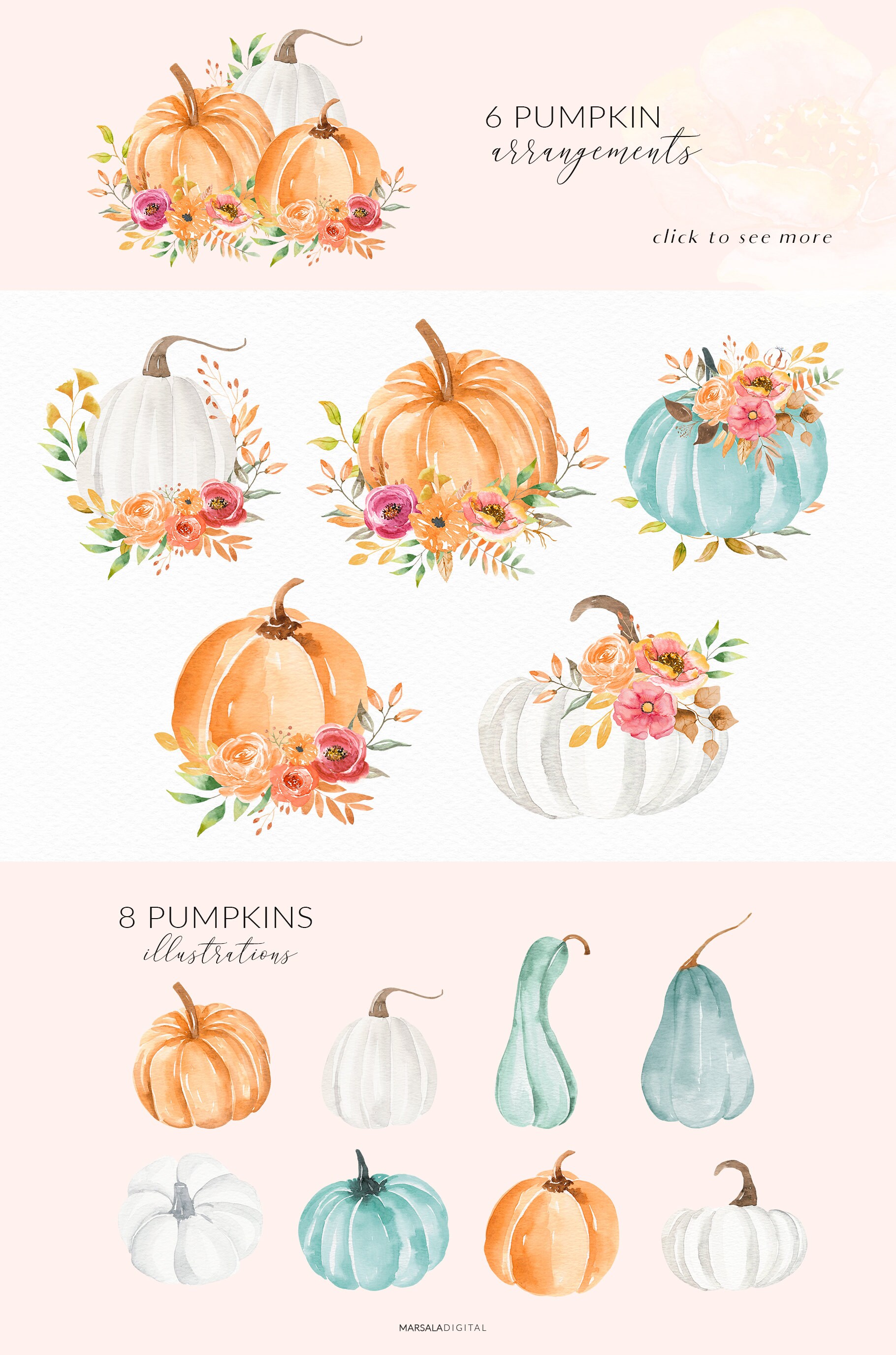 Autumn Watercolor Clipart Fall Clipart Pumpkin Illustration - Etsy