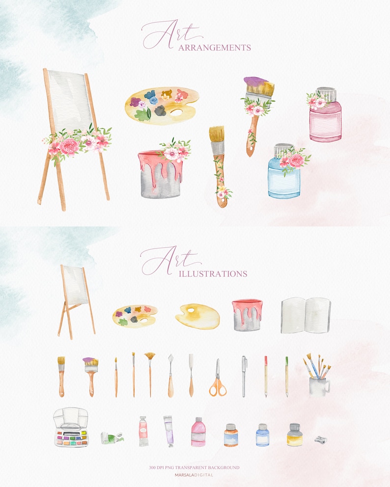 Watercolor Art Supplies Cliparts Stationery Painting - Etsy