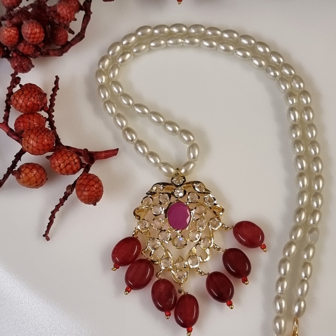 Bridal Jadau Necklace Earring Set/ Hyderabadi Pendant Set/ruby/ Indian Women Necklace/ the ...