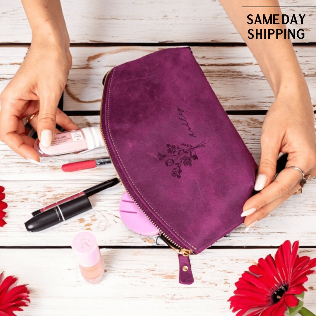 Personalized Leather Makeup Bag Mother's Day Gifts, Custom Floral ...