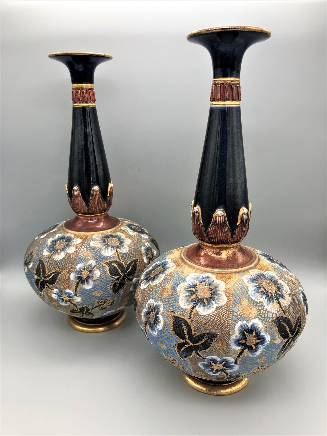 Pair of Victorian Chiné Gilt Vases, Lizzie M. Daintree, Doulton Lambeth ...