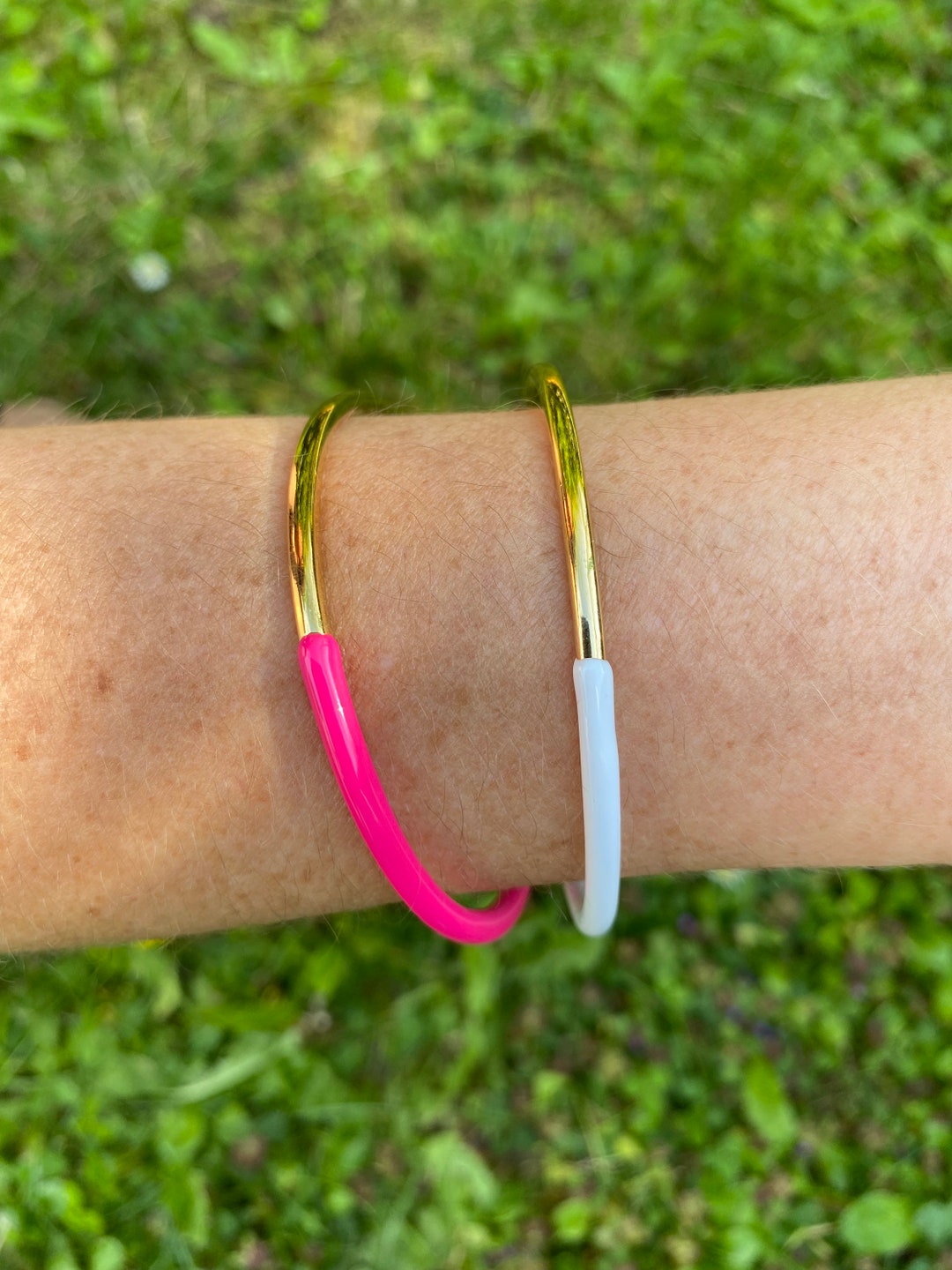 Bracelet Jonc Bi colore Acier Inoxydable doré et Résine Rose - Etsy France