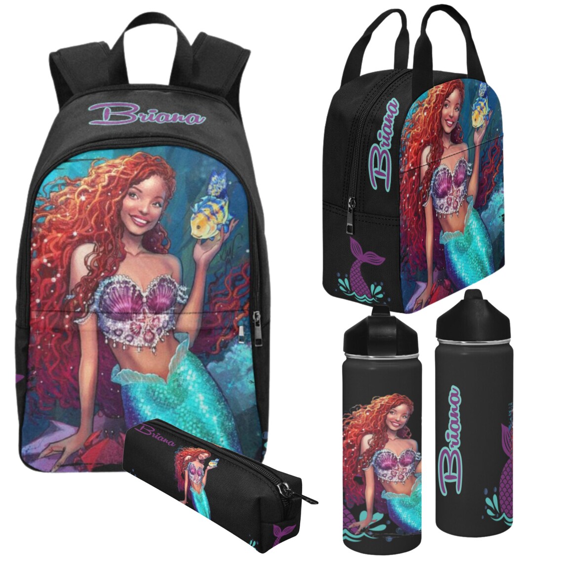 Personalized Mermaid Backpack Set, Black Mermaid School Bag, Lunch Bag ...