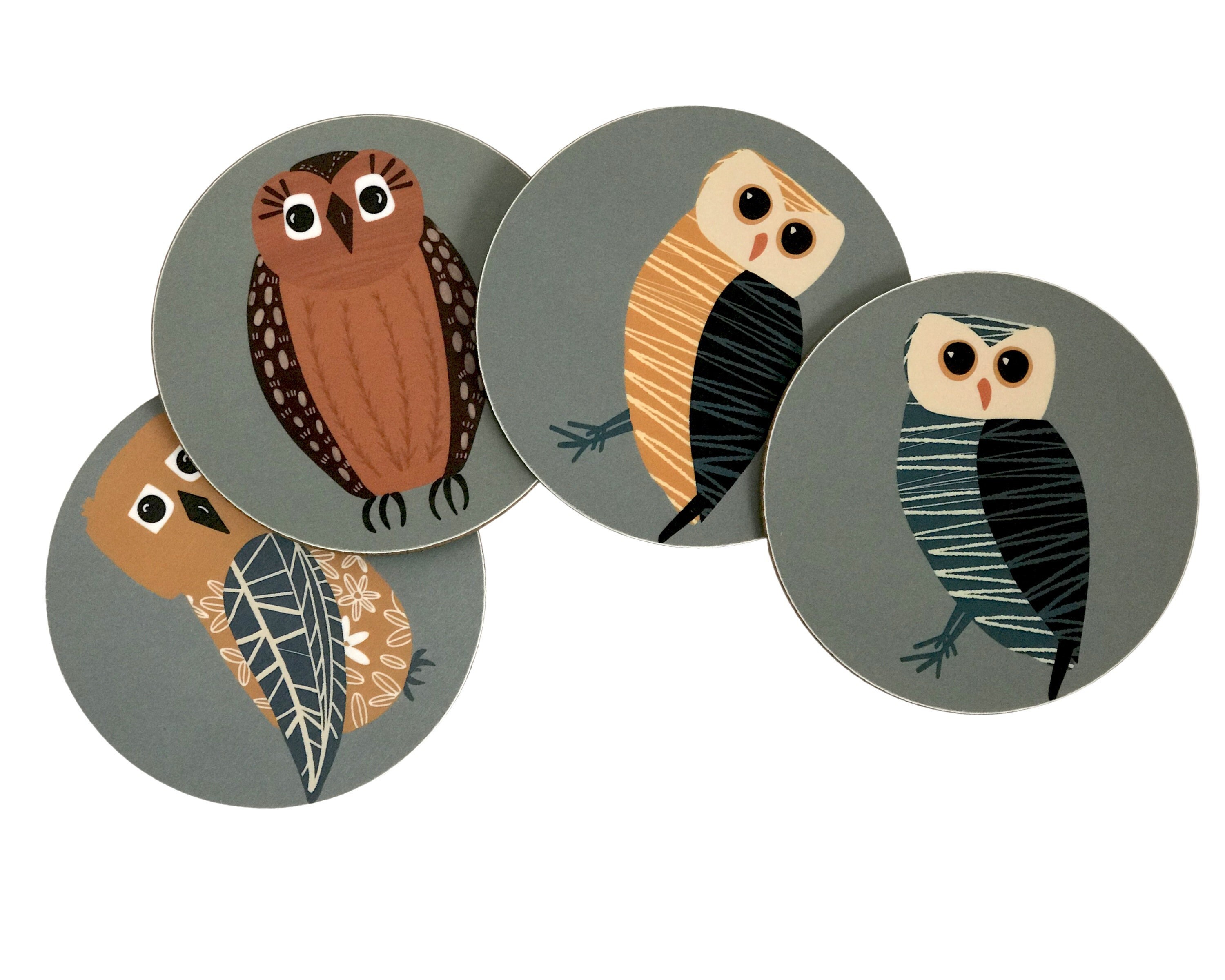 Round Owl Coaster Set Owl Gift Matt Cork Back Round Owl - Etsy Singapore