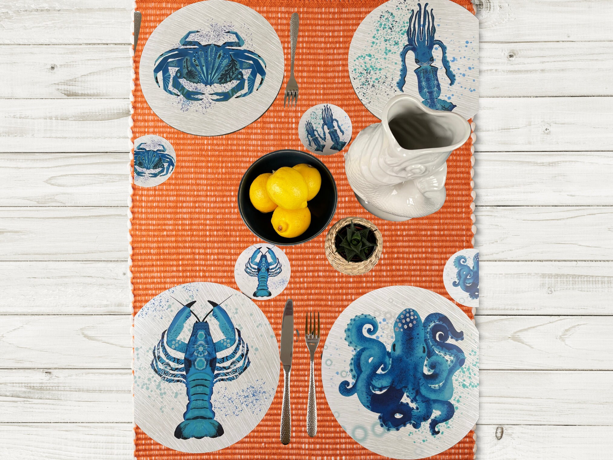 Coastal Table Mats, Beach Style Table Mats, Fish Place Settings, Round ...