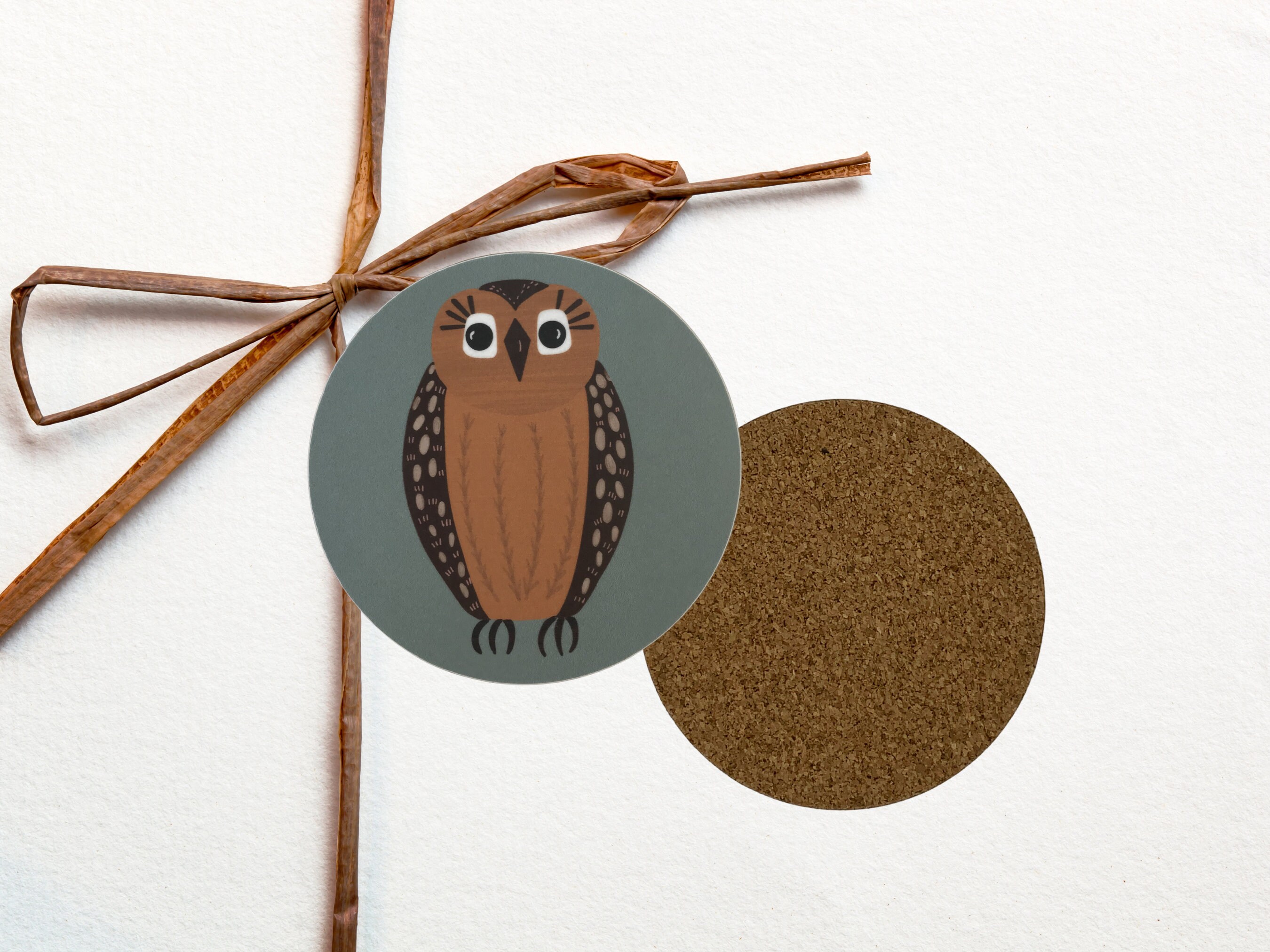 Round Owl Coaster Set Owl Gift Matt Cork Back Round Owl - Etsy Singapore