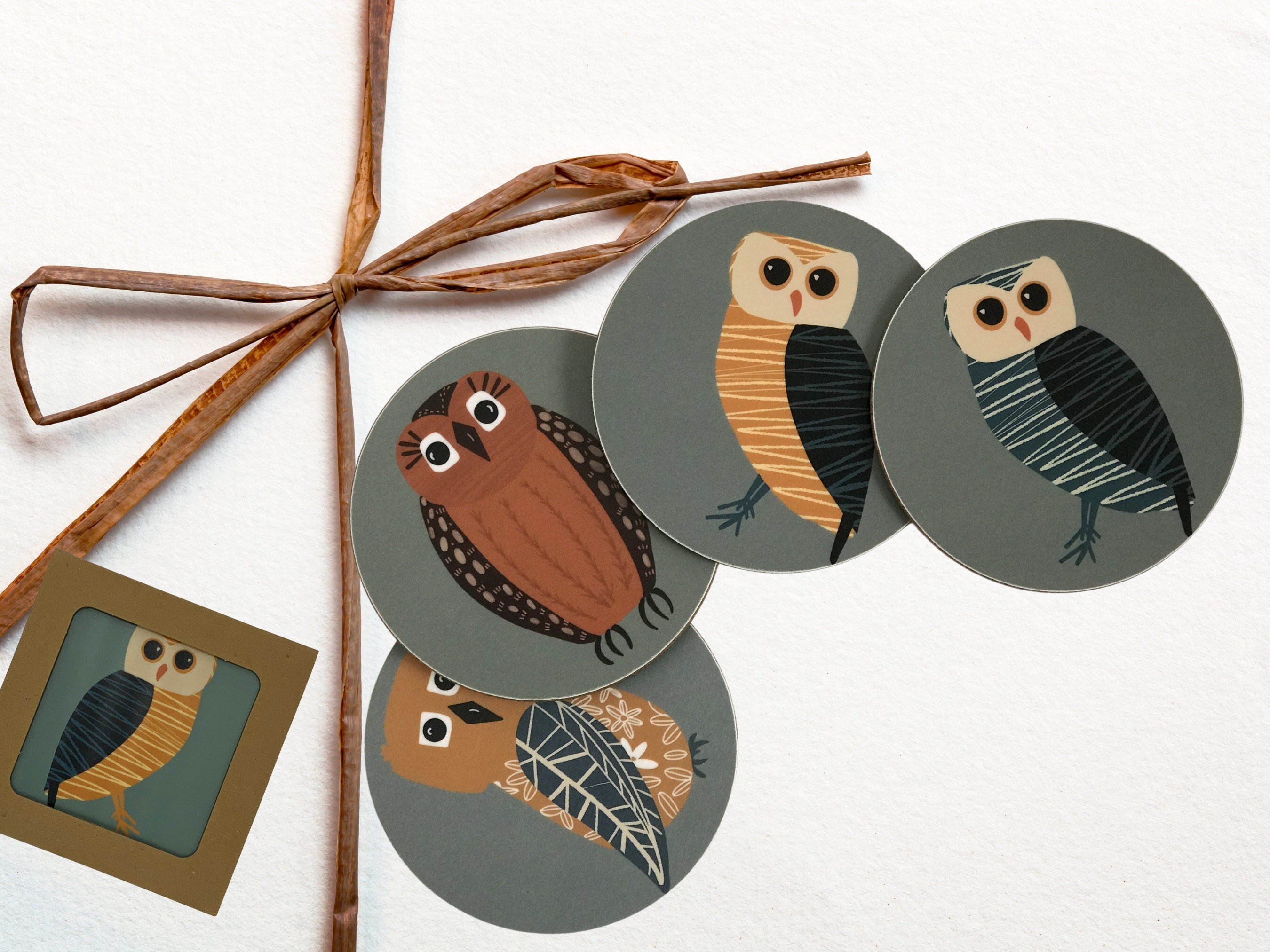 Round Owl Coaster Set Owl Gift Matt Cork Back Round Owl - Etsy Singapore