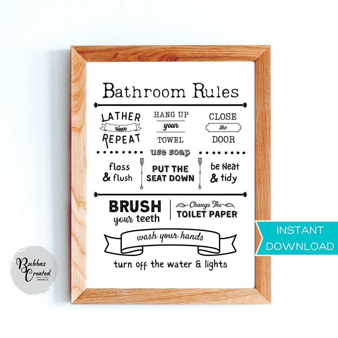 Bathroom Rules Toilet Rules, PRINTABLE Wall Art, Above Toilet Loo Sign ...