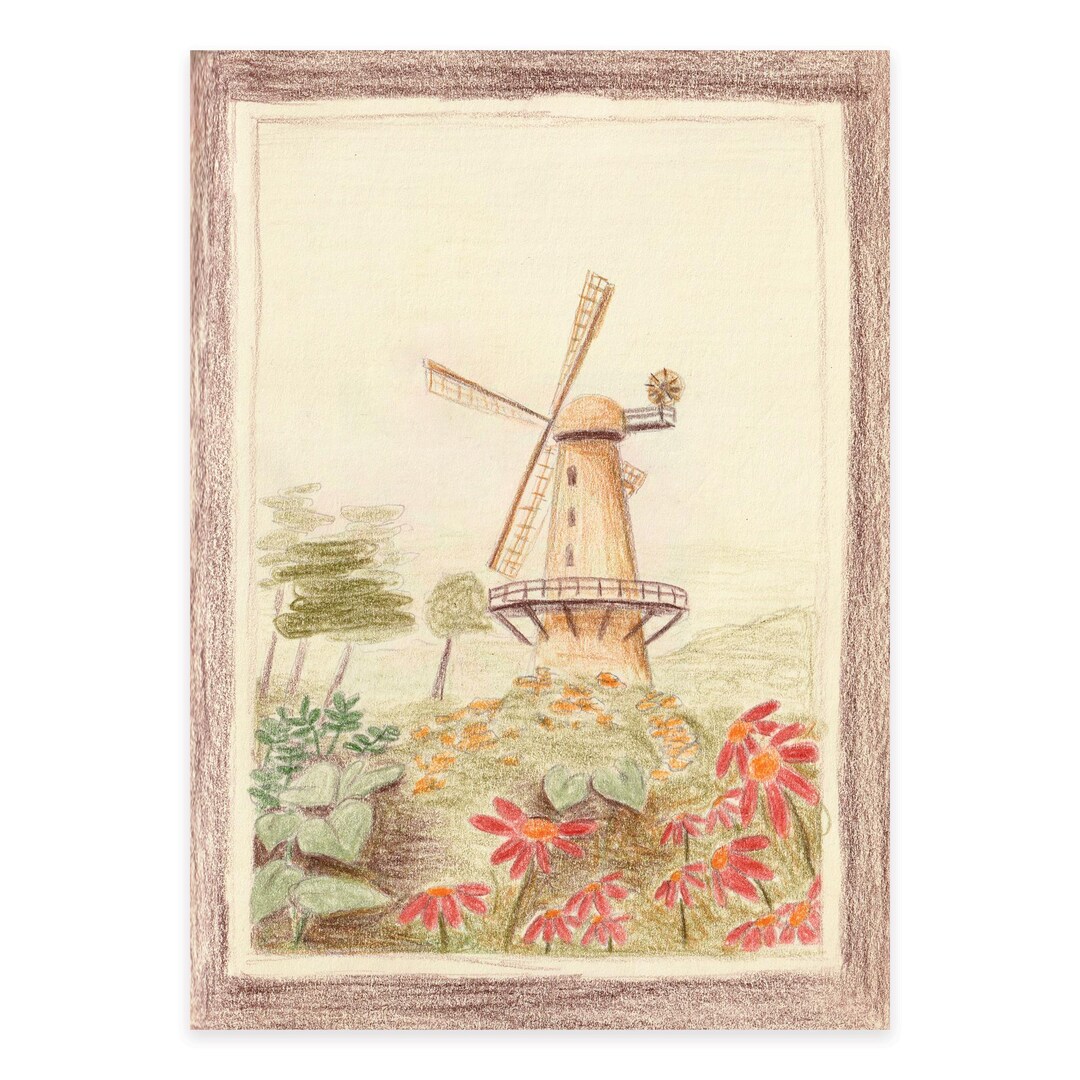Dutch Windmill, Fine Art Print of a Colored Pencil Drawing by Kat ...