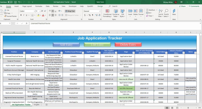 Job Application Tracker Excel Spreadsheet | Etsy