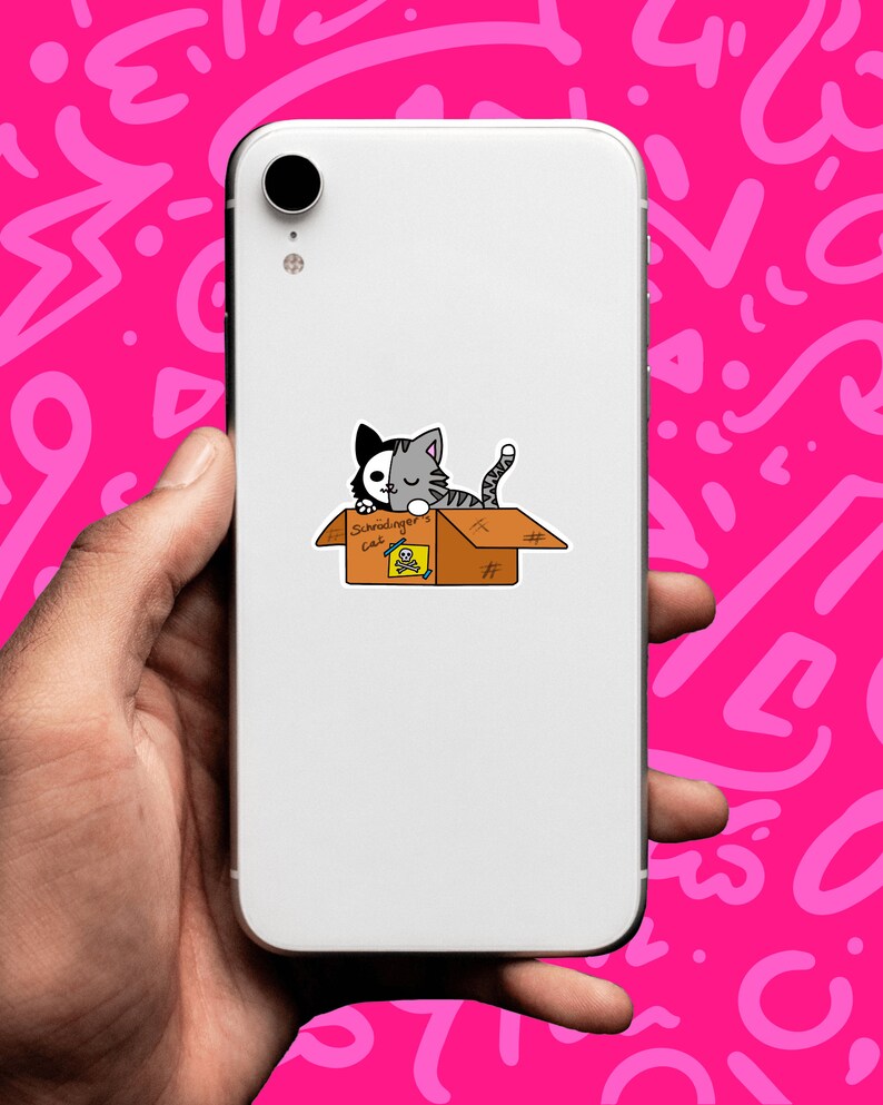Cute Cartoon Cat Schrodinger Sticker, Kitten Design, Adhesive Decal ...