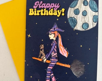 Happy Birthday cat Flying on Broomstick Cute & Adorable Cat Birthday ...