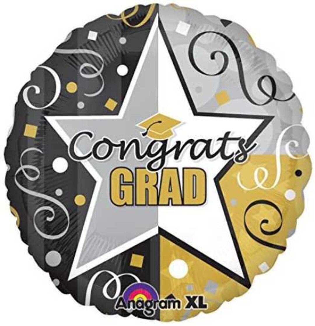 32" CONGRATS GRAD Silver and Gold Star Balloon - Large Shape Foil Mylar ...