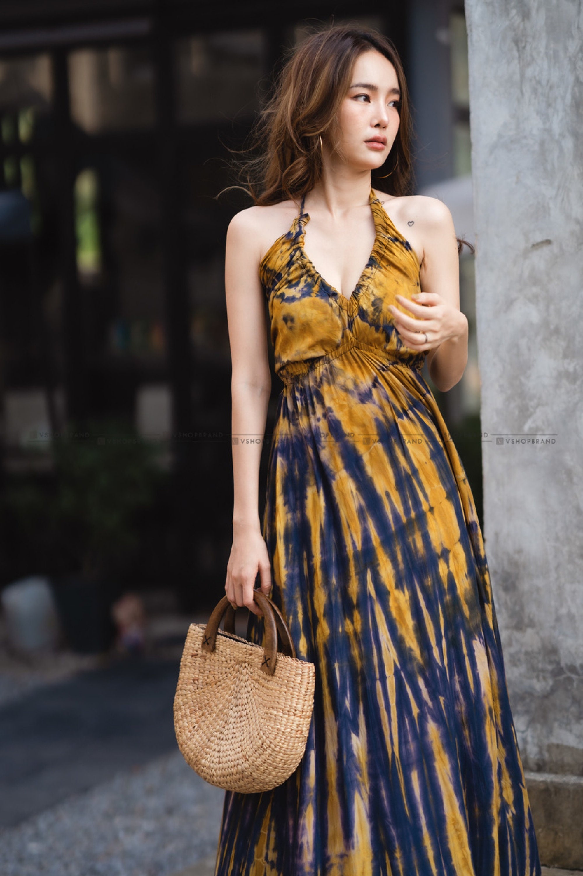 Yellow Summer Tie Dye Halter Dress Vintage Dress Boho Dress Summer
