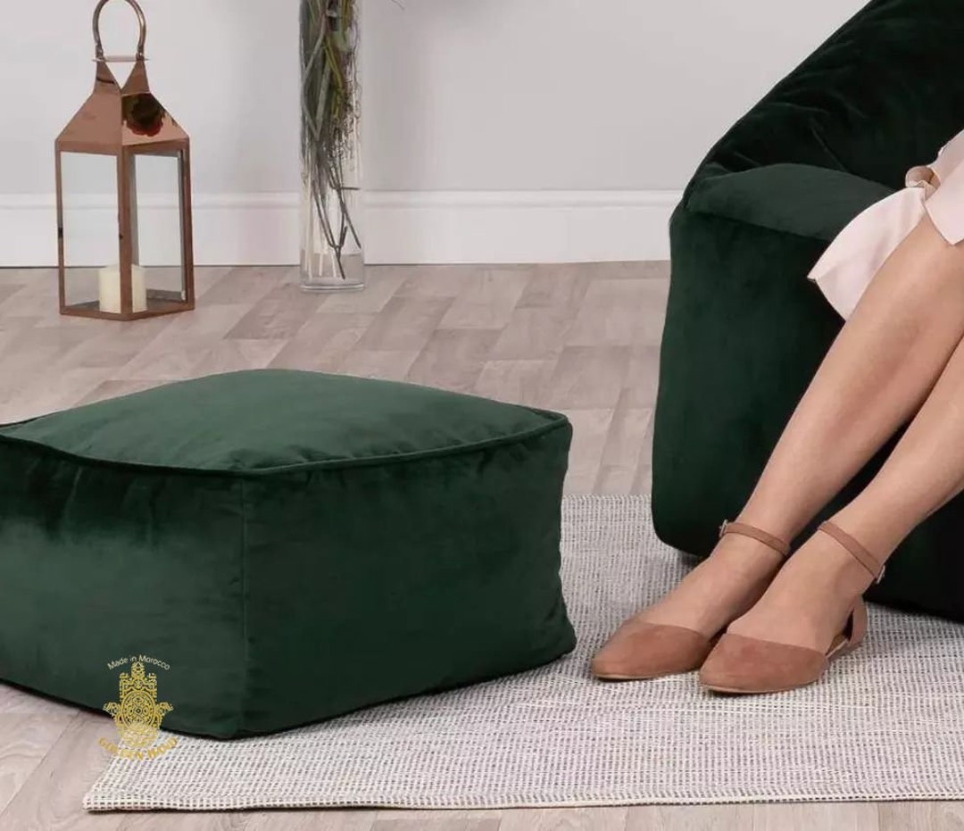 Luxury Moroccan Square Velvet Pouf in Rich Green Handmade Ottoman Pouf ...