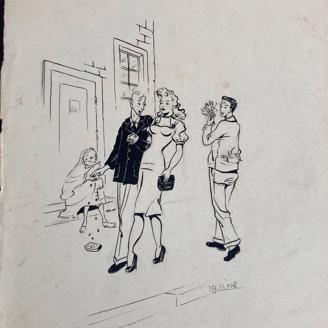 Original 1940s Pen and Ink Sketch - Signed - 1940s Woman and Man ...