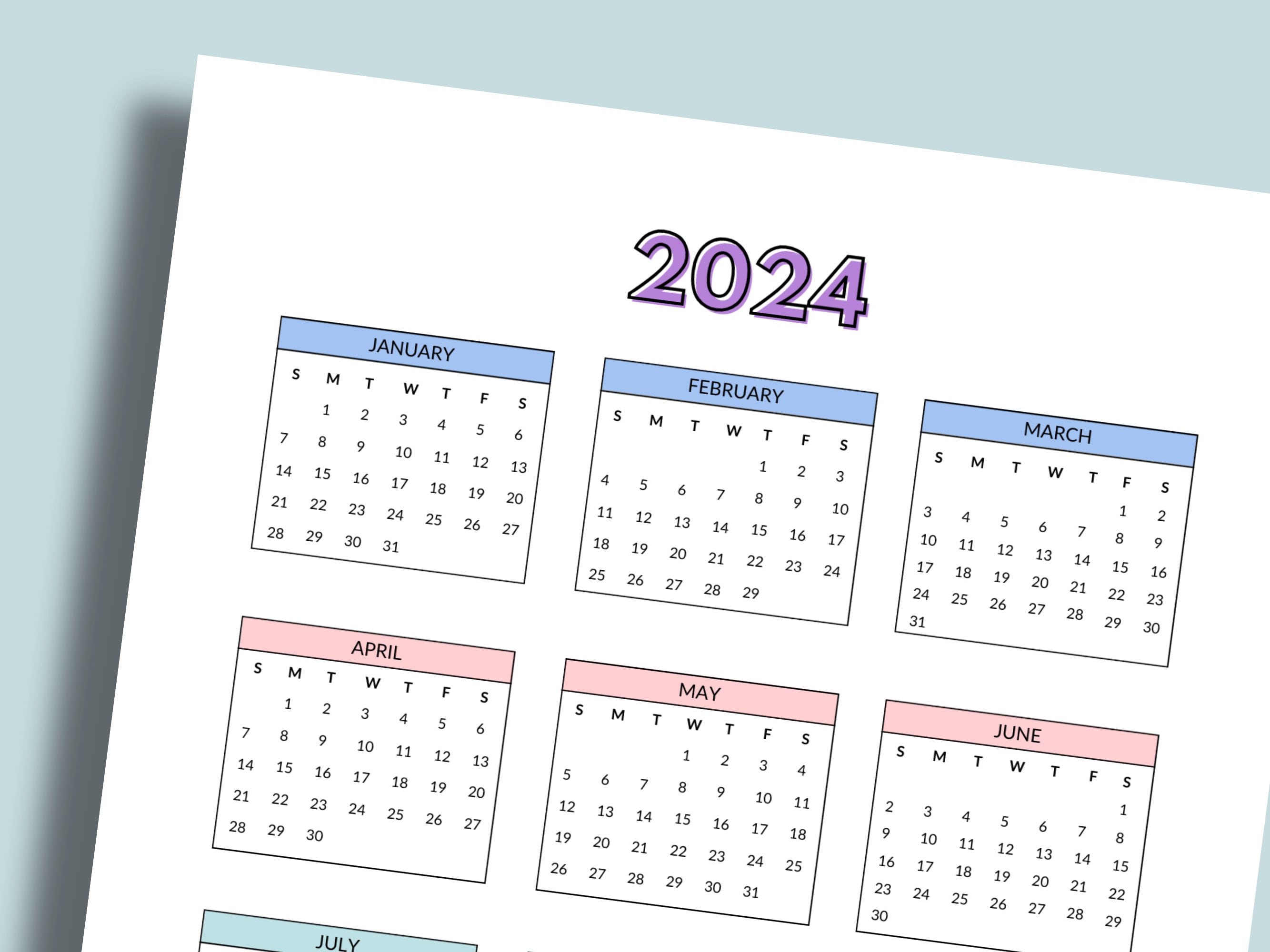 2024 Full Year Wall Calendar Printable Calendar Rainbow - Etsy