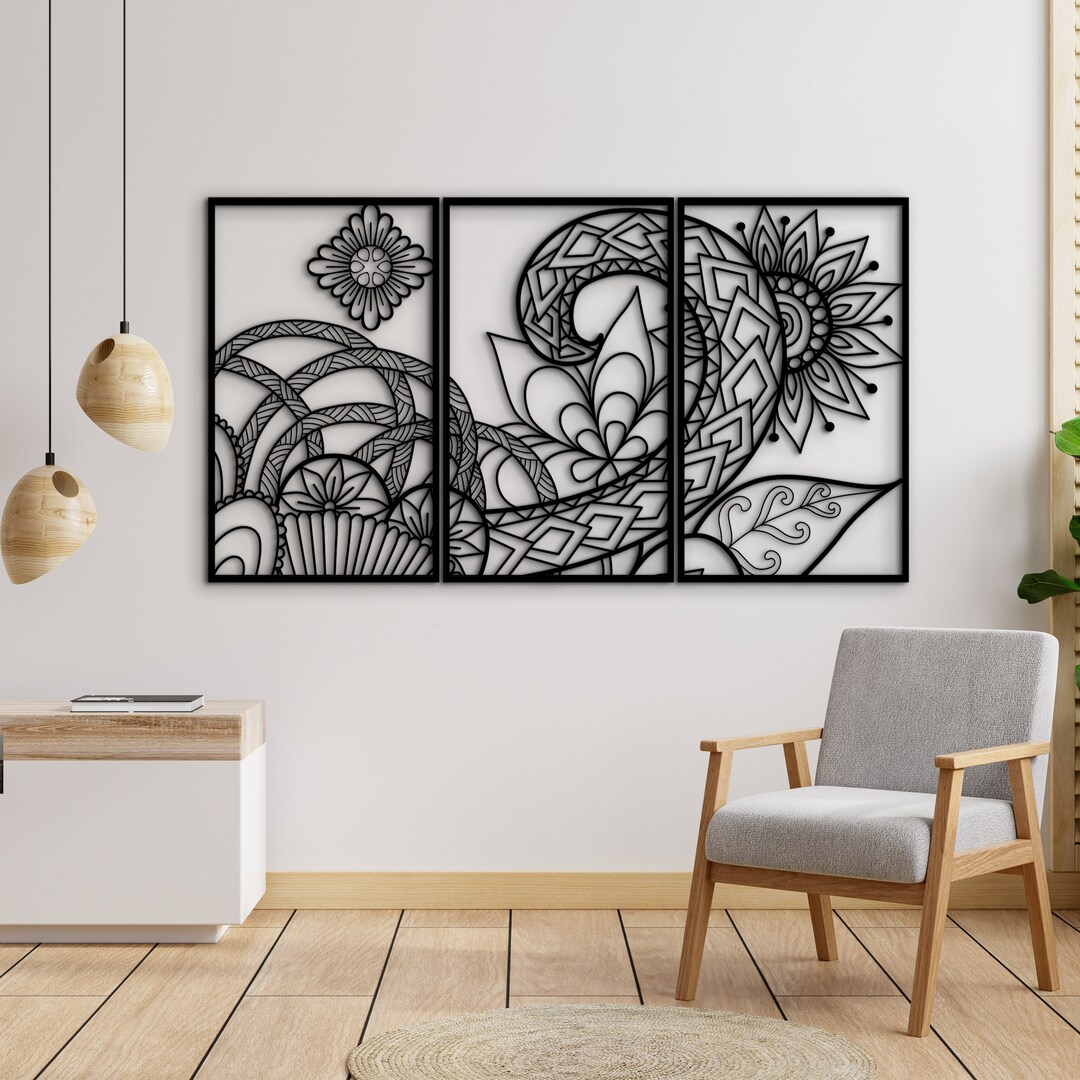 Geometric Floral Wall Art Set of 3 - Floral Wall Decor - Bedroom Wall ...