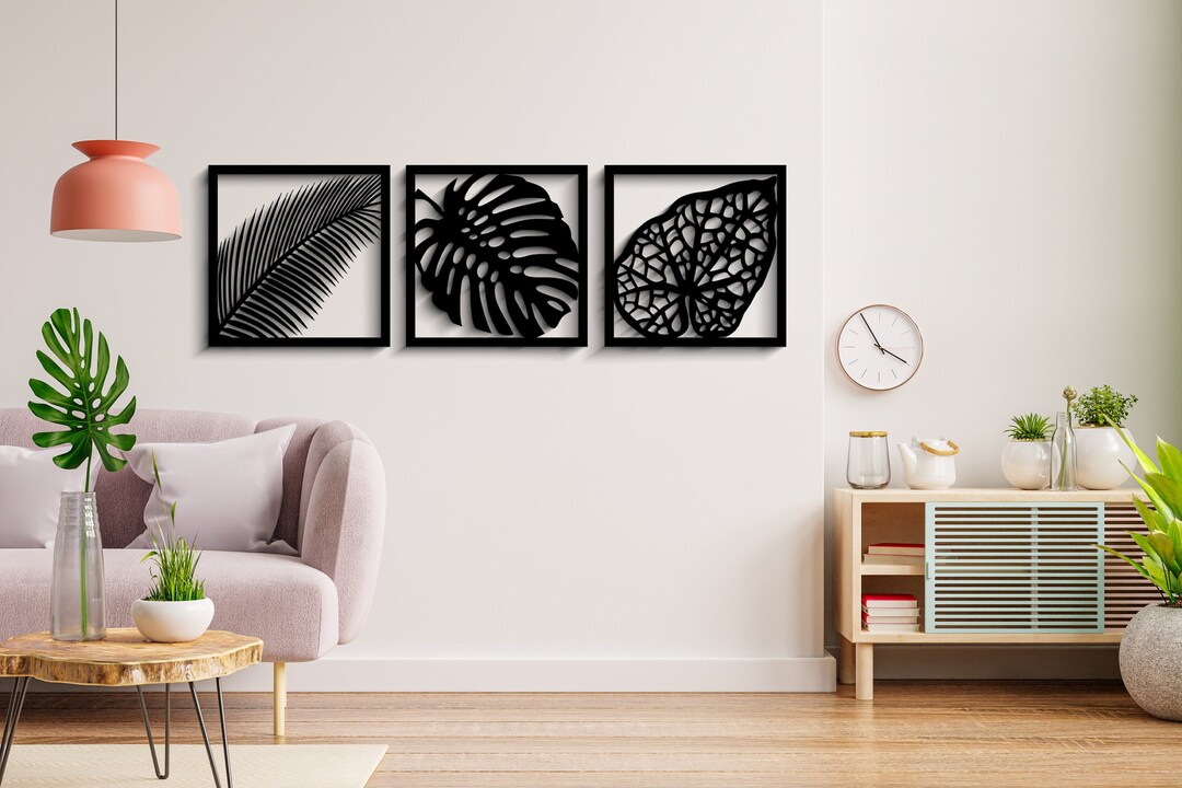 Set of 3 Piece Wall Art, Tropical Leaves Wood Wall Art, 3 Panel Wall ...
