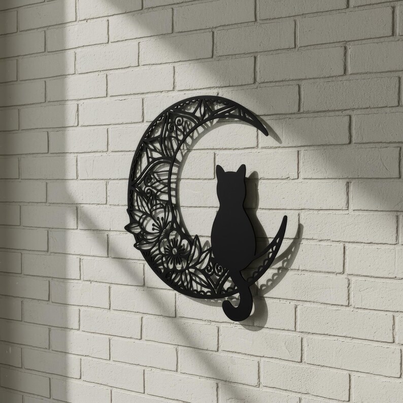 Cat on Crescent Moon Wooden Wall Art, Floral Black Feline Decor ...