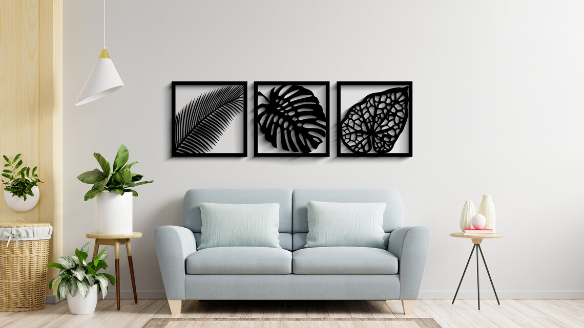 Set of 3 Piece Wall Art, Tropical Leaves Wood Wall Art, 3 Panel Wall ...