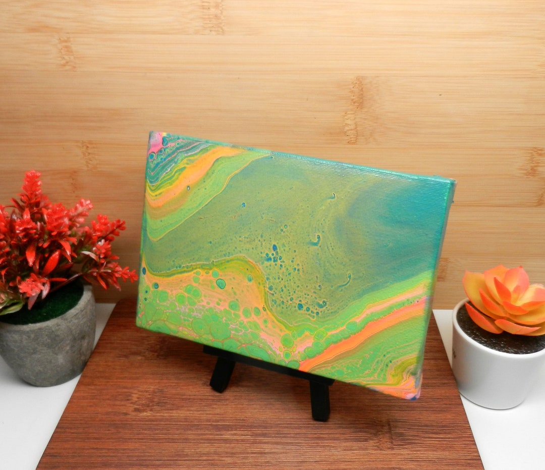 Desk Table Top 6 X 4 Abstract Paint Pour on Canvas With Miniature Easel ...