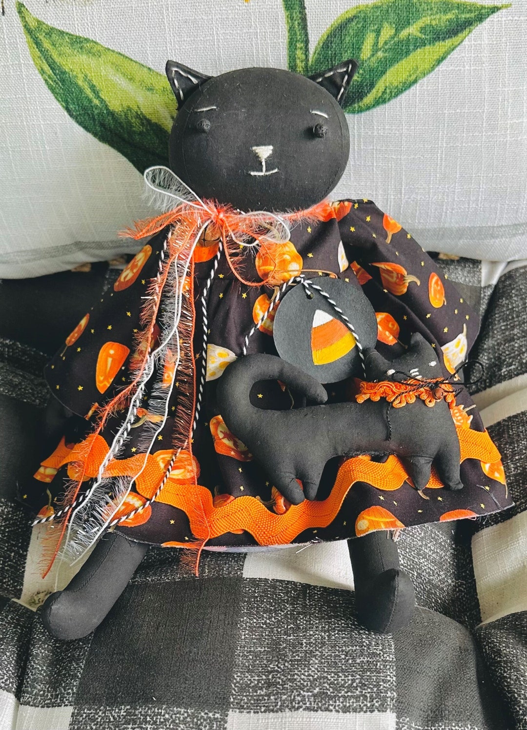 Stella and Kitty Folk Art Black Cat Doll, 14 Inch OOAK Halloween Doll, Primitive Halloween Décor ...