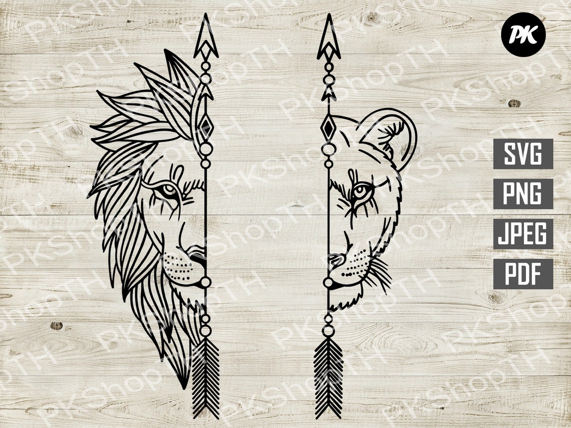 Pareja de leones flecha svg / Mitad león cara svg png pdf | Etsy