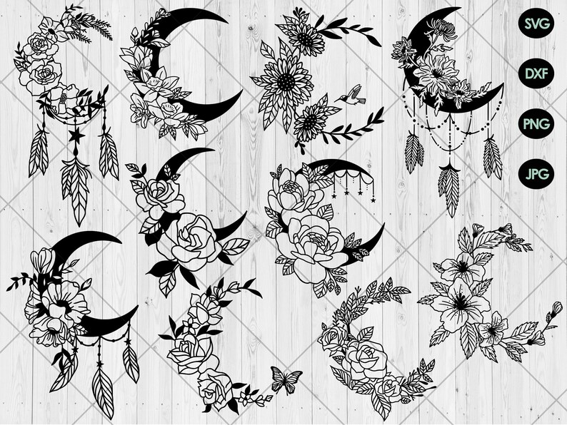 10 Floral Moon Svg Bundle Moon With Flowers Svg Dxf Png - Etsy