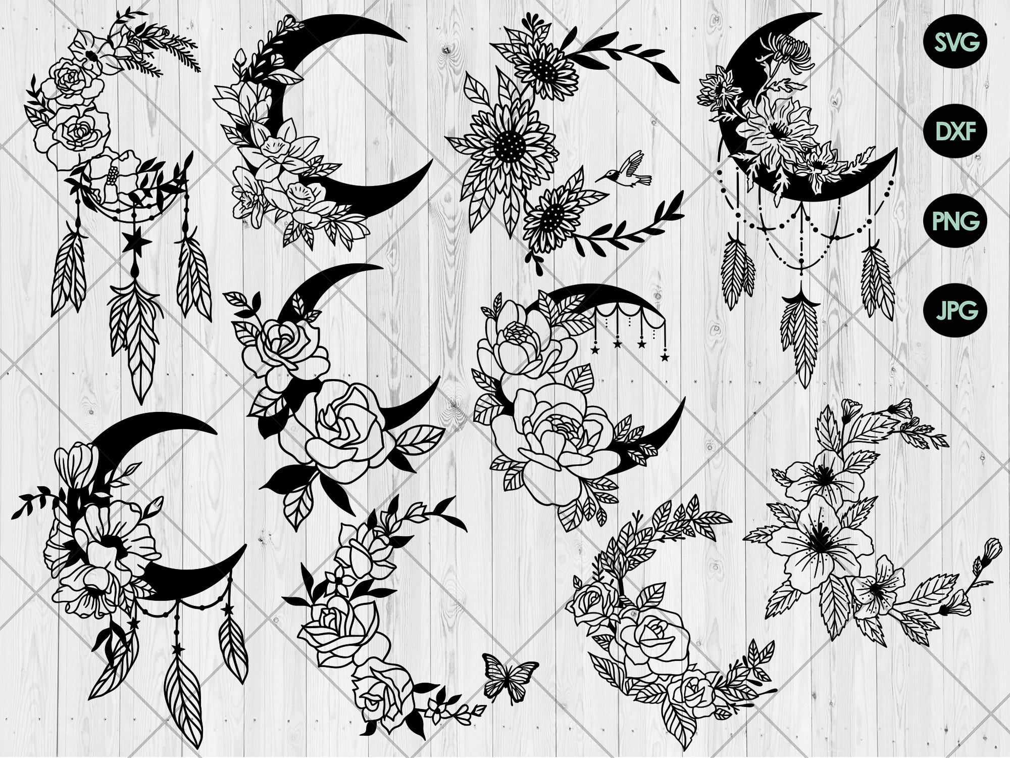 10 Floral Moon Svg Bundle Moon With Flowers Svg Dxf Png - Etsy